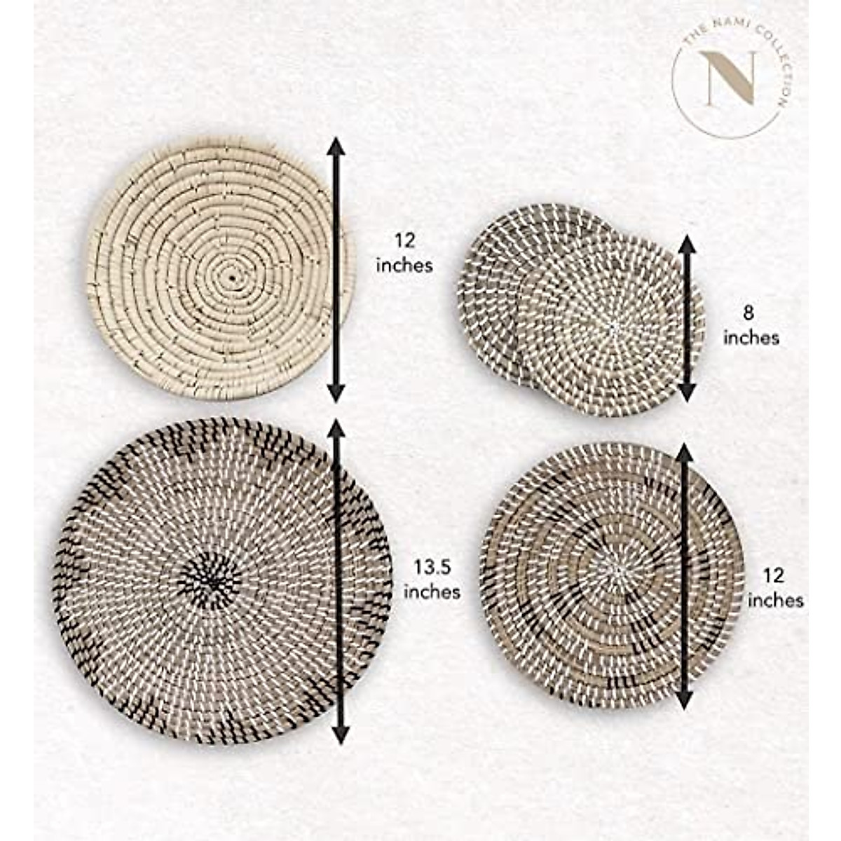 TheNamiCollection Five Seagrass Baskets Set | Hanging, Decorative, Boho Styled Perfect For Trendy, All Natural Home Wall Decor | Handmade, Round, Woven
