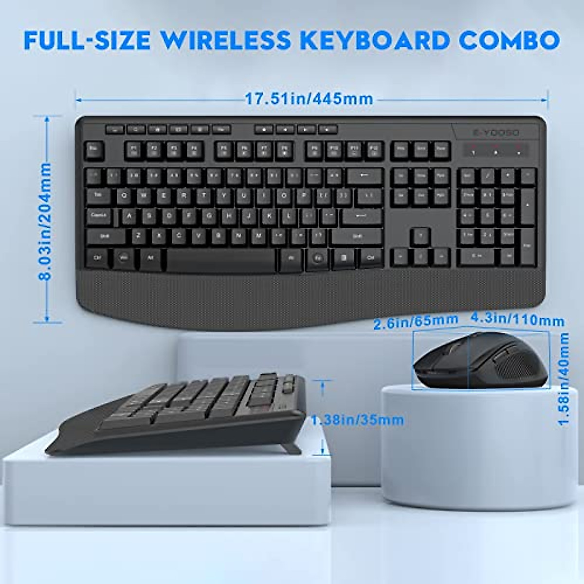 Wireless Keyboard and Mouse Combo, E-YOOSO 2.4GHz Full-Sized Ergonomic Wireless Keyboard with Wrist Rest, 3 DPI Adjustable and 6 Buttons Cordless USB Mouse for Computer, Laptop, PC, Windows (Black)