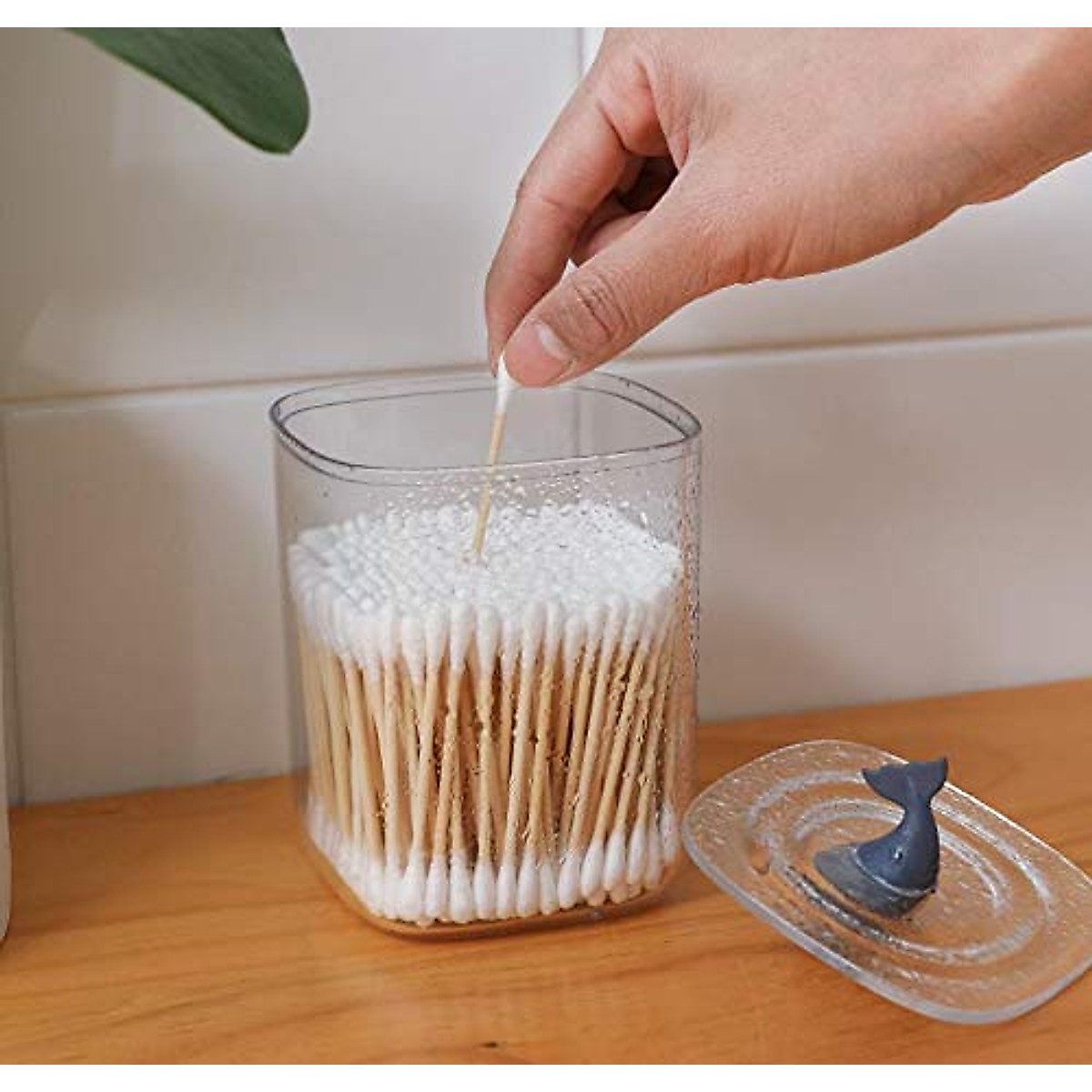 UPSTORE 1PK Transparent Acrylic Round Make up Container with Whales Lid Swabs Holder Apothecary Jars Bathroom Jar Plastic Clear Double Compartment Organizer Rounds Organizer Storage Display