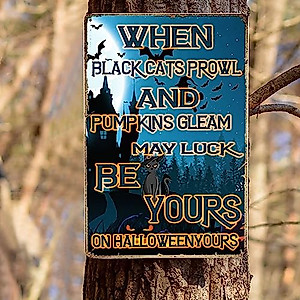 OMMIIY Decor 8''x12'' May Luck Be Yours On Halloween Cat Witch Pumpkin Tin Sign Retro Style Miller Beer Bar Den Halloween Painting Metal