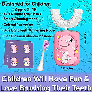 BubblezKidz – Kids Electric Toothbrush – U Shaped Dinosaur Cartoon – Ultra Sonic 6 brush Cleaning Modes w/ Smart Timer – Ages 2-18 Years Old – IPX7 Waterproof, Rechargeable, With Stickers