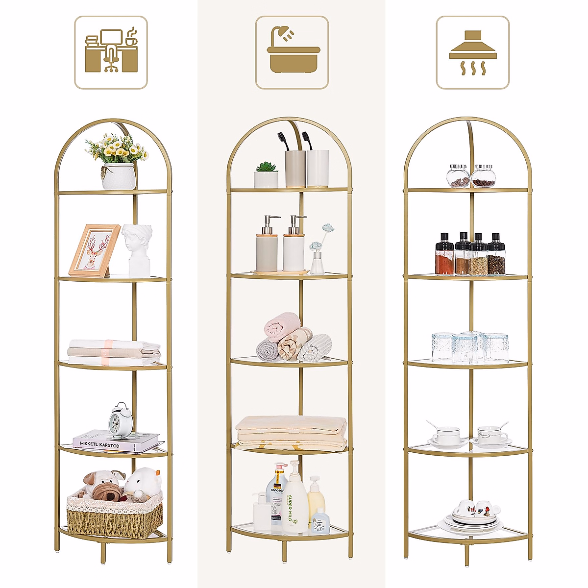 Homhedy 5-Tier Corner Shelf Stand, Metal Corner Bookshelf, Tempered Glass Shelves, Bathroom Storage Rack Shelf, Plant Stand, Modern Style,Golden