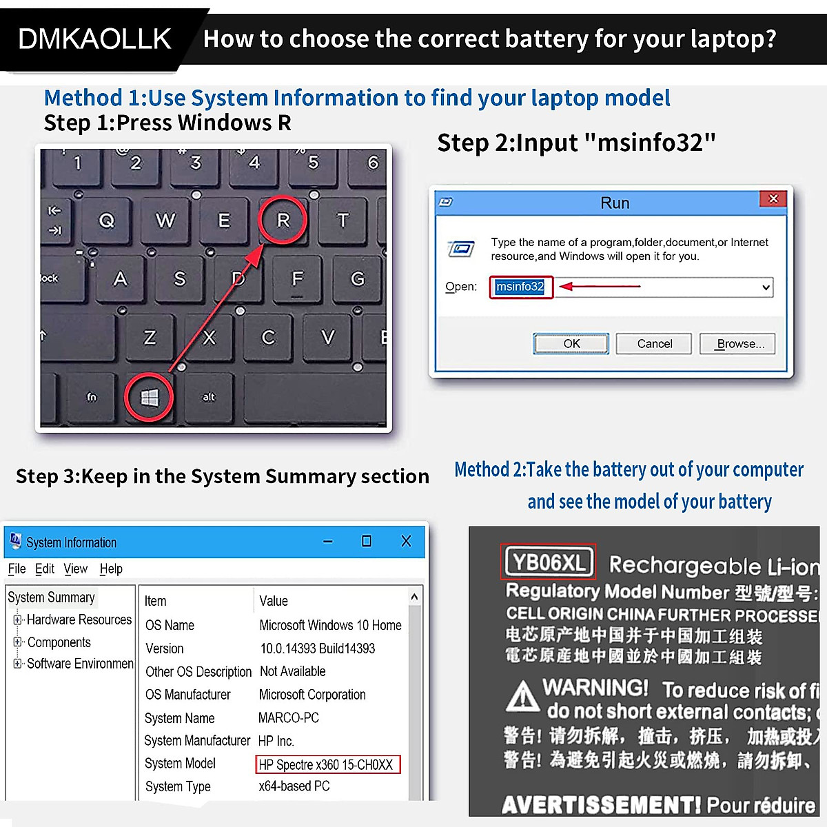 DMKAOLLK YB06XL Battery for HP Spectre x360 Convertible 15-ch0xx 15t-ch000 Series 15-CH011DX 15-CH011NR 928427-272 928372-856 928372-855 HSTNN-DB8H YB06084XL 11.55V 84.08Wh