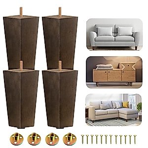 Yes4All 6 Inches Square Wood Furniture Legs Set of 4 - Wooden Replacement Feet for Couch, Bed, Bench - Adjustable Sofa, Ottomans Tapered Leg with Leveler - Brown Rubber Wood Parts for Table, Chair