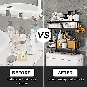 HAZYJT Over The Toilet Storage Bathroom Shelf, 2 Tier Organizer with Paper Holder, Shelves Hooks, Above Rack, No Drilling Wall Mounting Space Saver Black