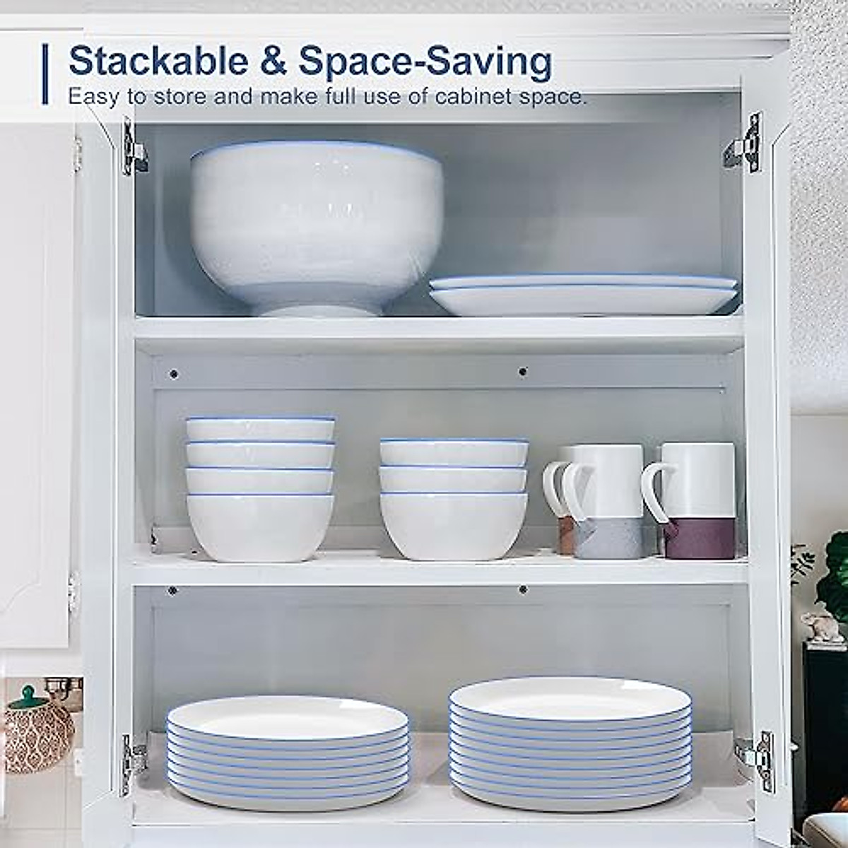 HomeElves Dinner Plates Set of 8, 10.5 inch Opal Glass Plate Set, Lightweight Kitchen White Plates, Break and Chip Resistant, Safety for Microwave & Dishwasher,Blue Rim