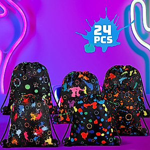 24 Pieces Glow Party Drawstring Bags Kids Neon Birthday Party Gift Bag Backpack Candy Goodie Favor Bags for Glow in Dark Party Decoration Supplies