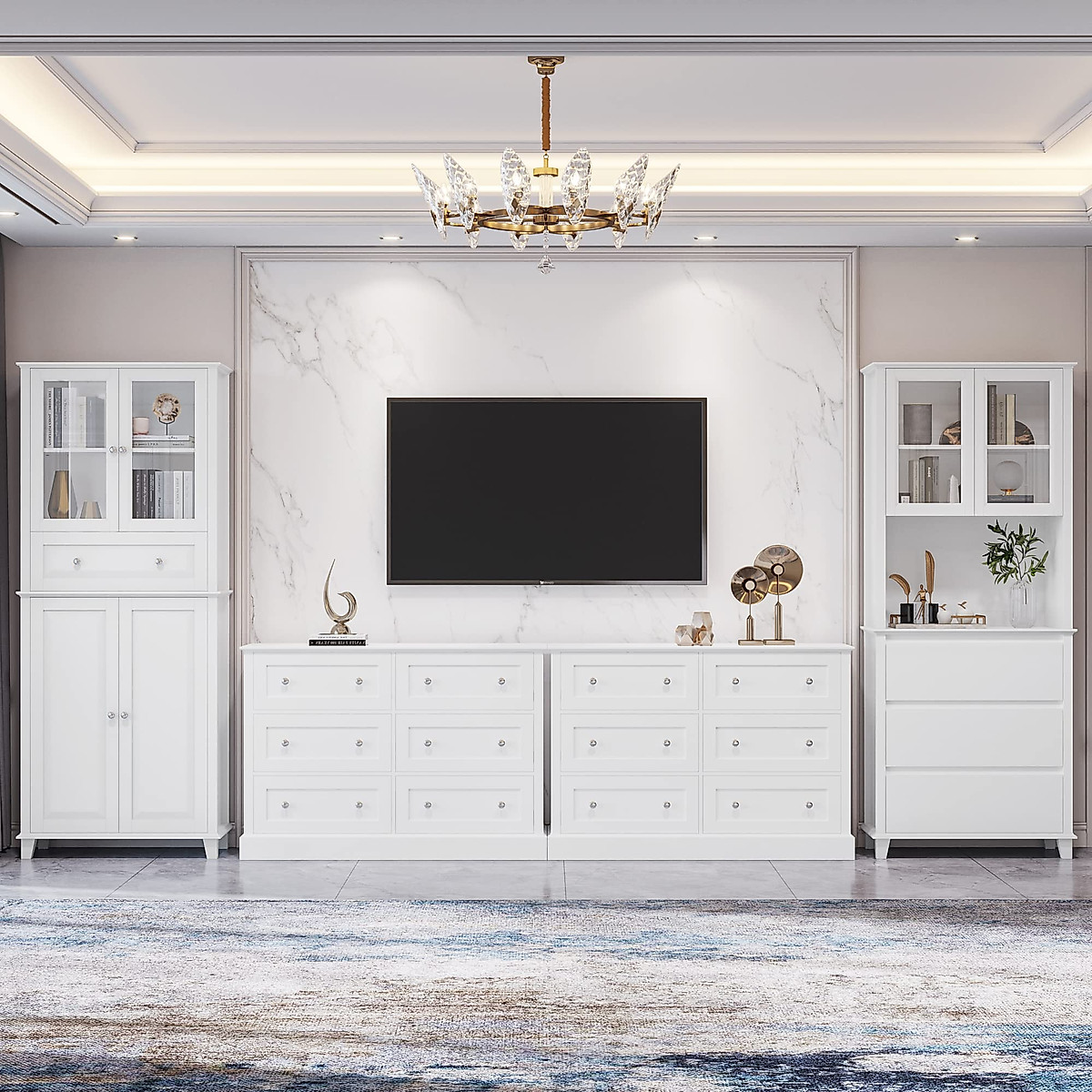 FACBOTALL 76'' Kitchen Pantry Storage Cabinet, Kitchen Buffet with Hutch, Tall Hutch Cabinet with Glass Doors, Coffee Countertop and 3 Large Drawers for Dining Living Room, White