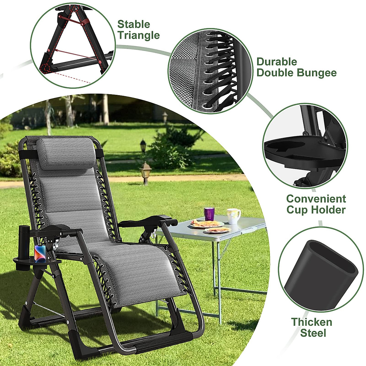 Barbella Zero Gravity Chair Reclining Lounge Chair Patio Chairs, Adjustable Lawn Recliner Folding Lounge Recliners with Removable Cushion, Headrest & Cup Holder, Ice Touch Silk Reclining Chair