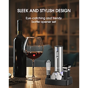 Electric Wine Opener Set with Stand, Wine Gift Set with Rechargeable Wine Opener, Wine Aerator, Vacuum Stoppers and Foil Cutter, 6-in-1 Wine Bottle Opener Set for Home Party Bar Outdoor Gift