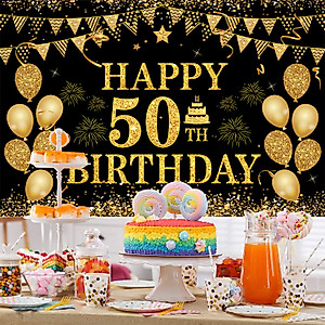 50th Birthday Decorations for Men Women - Happy 50th Birthday Banner Party Decorations Black Gold 50 Years Birthday Party Suppiles Background for Home Outdoor Birthday Decor(71 x 45 inch)