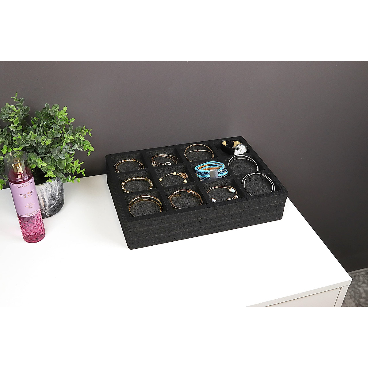 Polar Whale Stackable Jewelry Tray Display Organizer Grid for Home Bedroom Dresser Bathroom Vanity Drawer Durable Elegant Black Foam 14 x 10 Inches Bracelet Ear Ring Necklace and More 3 Piece Set