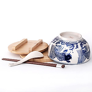 Happy Sales HSKM-BLEKOI, Japanese Kamameshi Vintage Style Rice Noodle Ramen Bowl with Bamboo Lid Trivet Chopsticks and Porcelain Spoon Bowl Set, Blue Koi