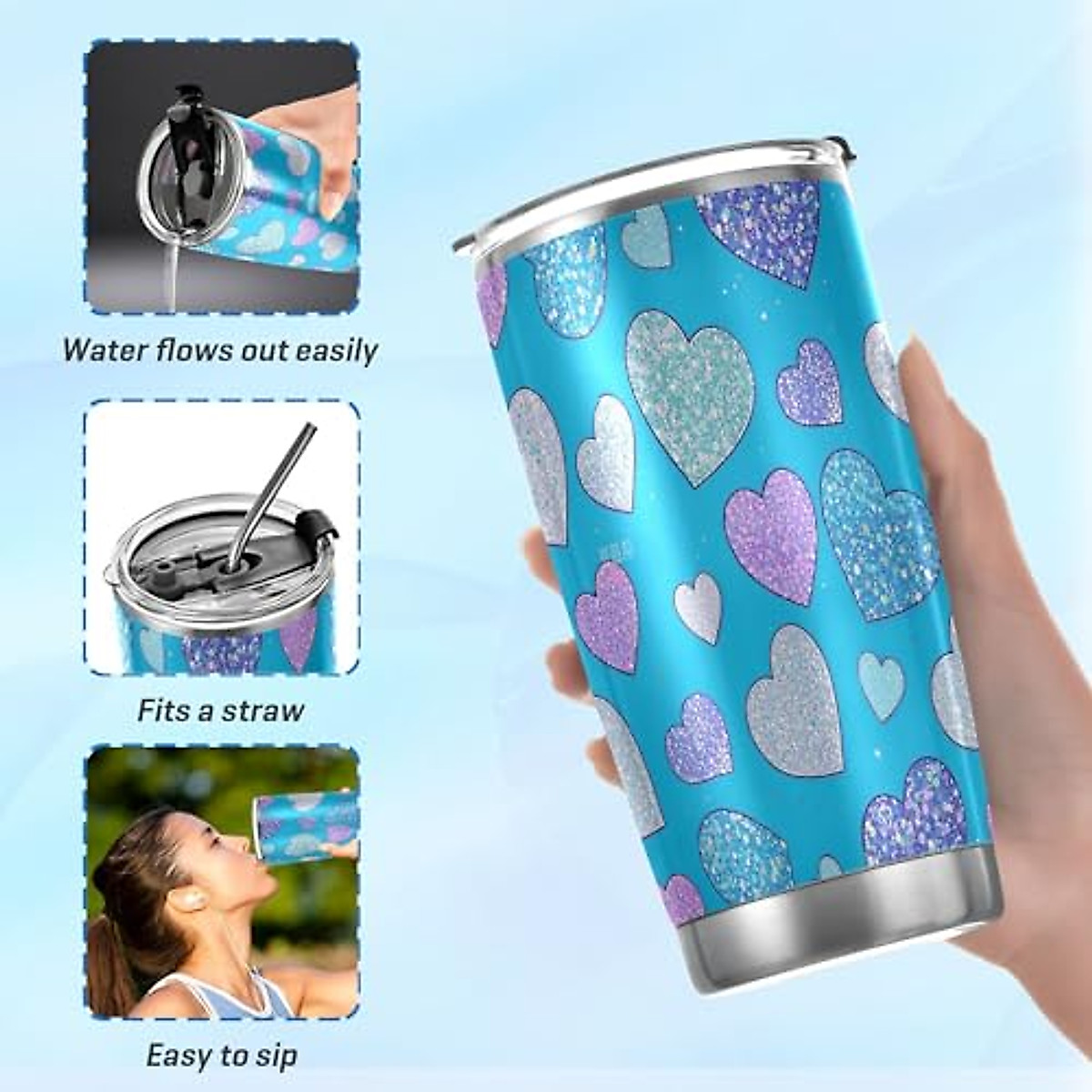 HXshaoye Fake Glitter cartoon heart blue Stainless Steel straw, vacuum insulated water bottle with Lid and Straw mug for hot drinks for gym safe 20oz insulated tumbler tazas térmicas para cafe 20oz