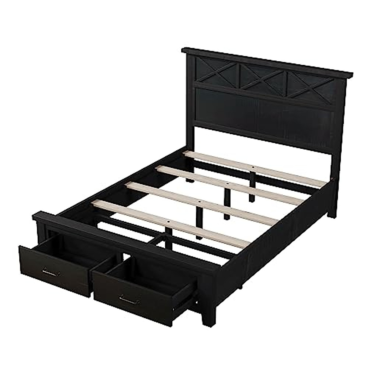 Queen Size Platform Bed, Wood Platform Beds with Two Storage Drawers & Headboard Rustic Farmhouse Style Wood Bed Frame Queen for Bed Room, No Box Spring Needed (Black)