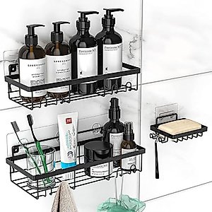 Shower Caddy, 3 Pack Adhesive Bathroom Shelf With Hook, No Drilling, Large Capacity, Rustproof Shower Caddy Shower Organizer Rack & Shower Soap Holder for Bathroom Home Kitchen, Black