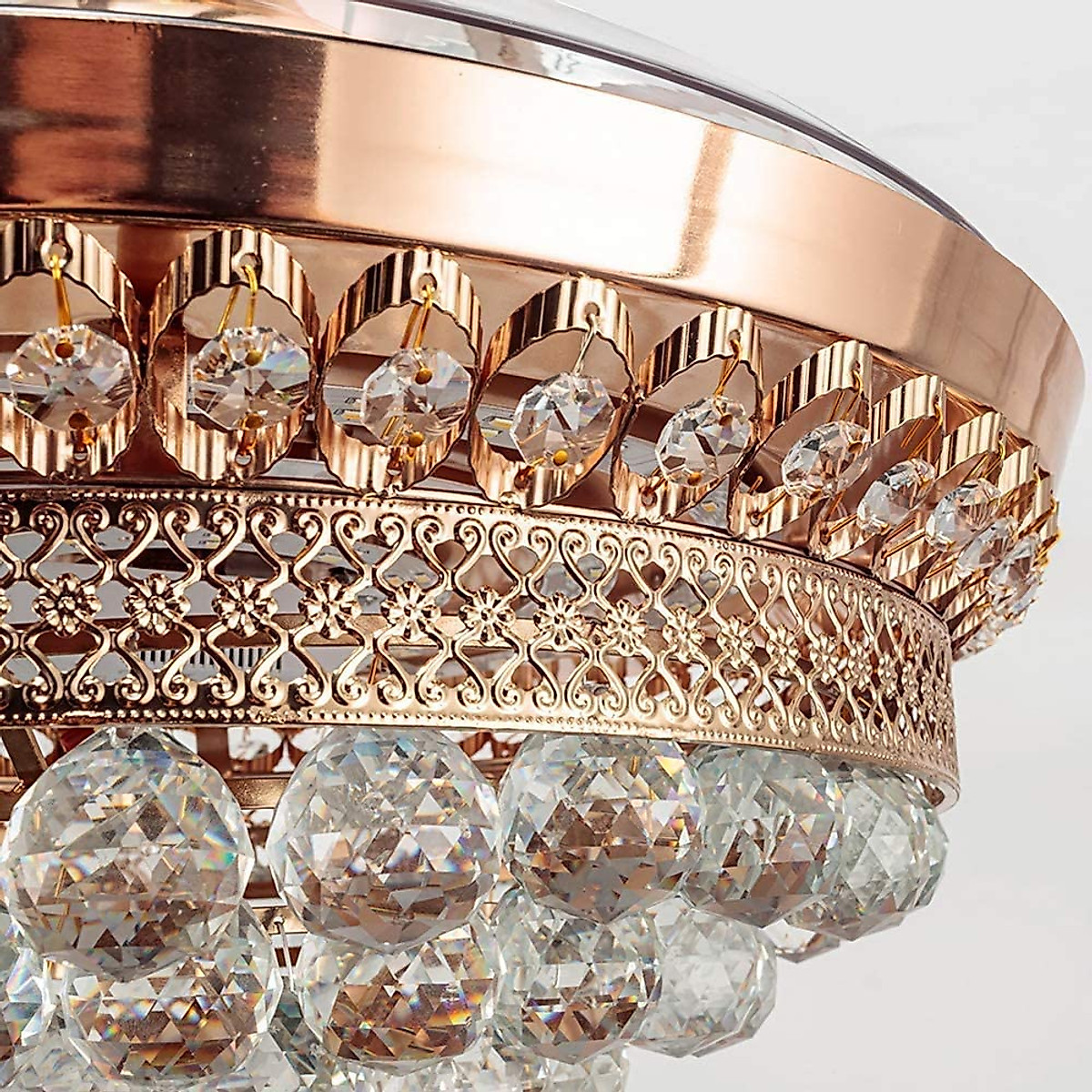 BIGBANBAN Bling Crystal Chandelier Fan, Retractable Ceiling Fans,42 Inch Ceiling Fan with 3 Color Change LED Light and Remote for Bedroom/Living Room/Dining Room (Rose Gold)