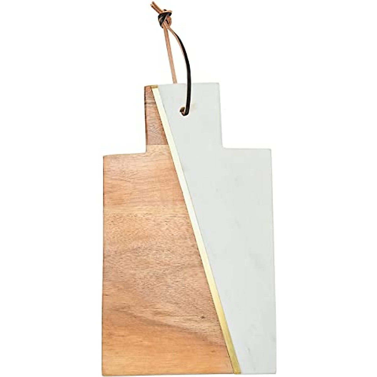 Boho 2-Tone Marble and Acacia Wood Charcuterie or Cutting Board with Brass Inlay and Leather Tie, White and Natural