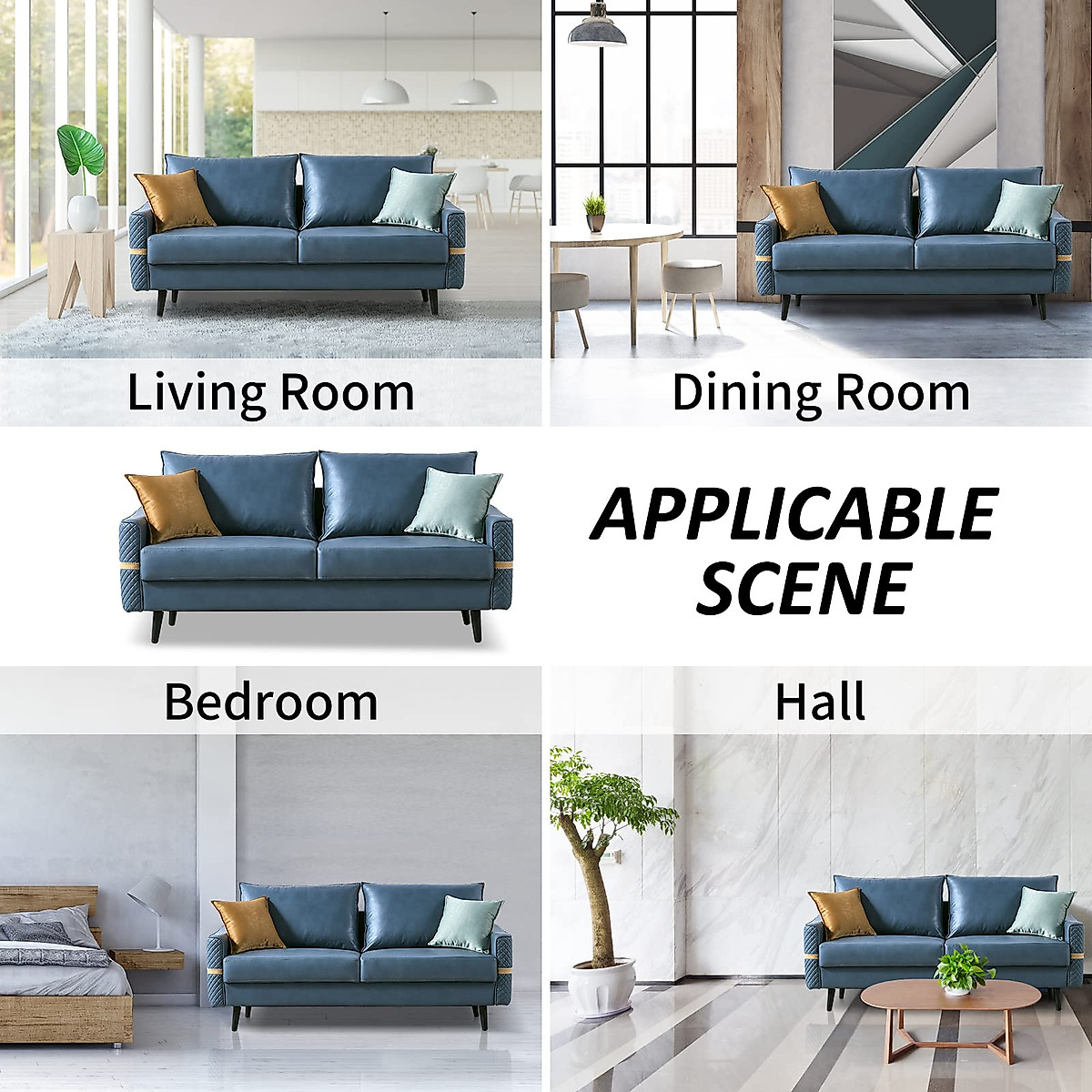 72 inch Small Sofa, Mid-Century 3-Seat Loveseats for Living Room, l Couch Witch 2 Pillows, Faux Leather Dorm Sofa for Apartment, Studio and Small Space, Blue