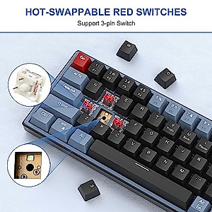 MageGee 60% Mechanical Gaming Keyboard, 68 Keys Hot-Swappable Compact Blue LED Backlit Gaming Keyboard, SKY68 Wired Ergonomic Mini Office Keyboard for Windows PC Gamer (Red Switch, Blue & Black)
