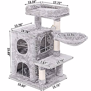 BEWISHOME Cat Tree Condo with Sisal Scratching Posts, Plush Perch, Dual Houses and Basket, Cat Tower Furniture Kitty Activity Center Kitten Play House, Light Grey MMJ06L