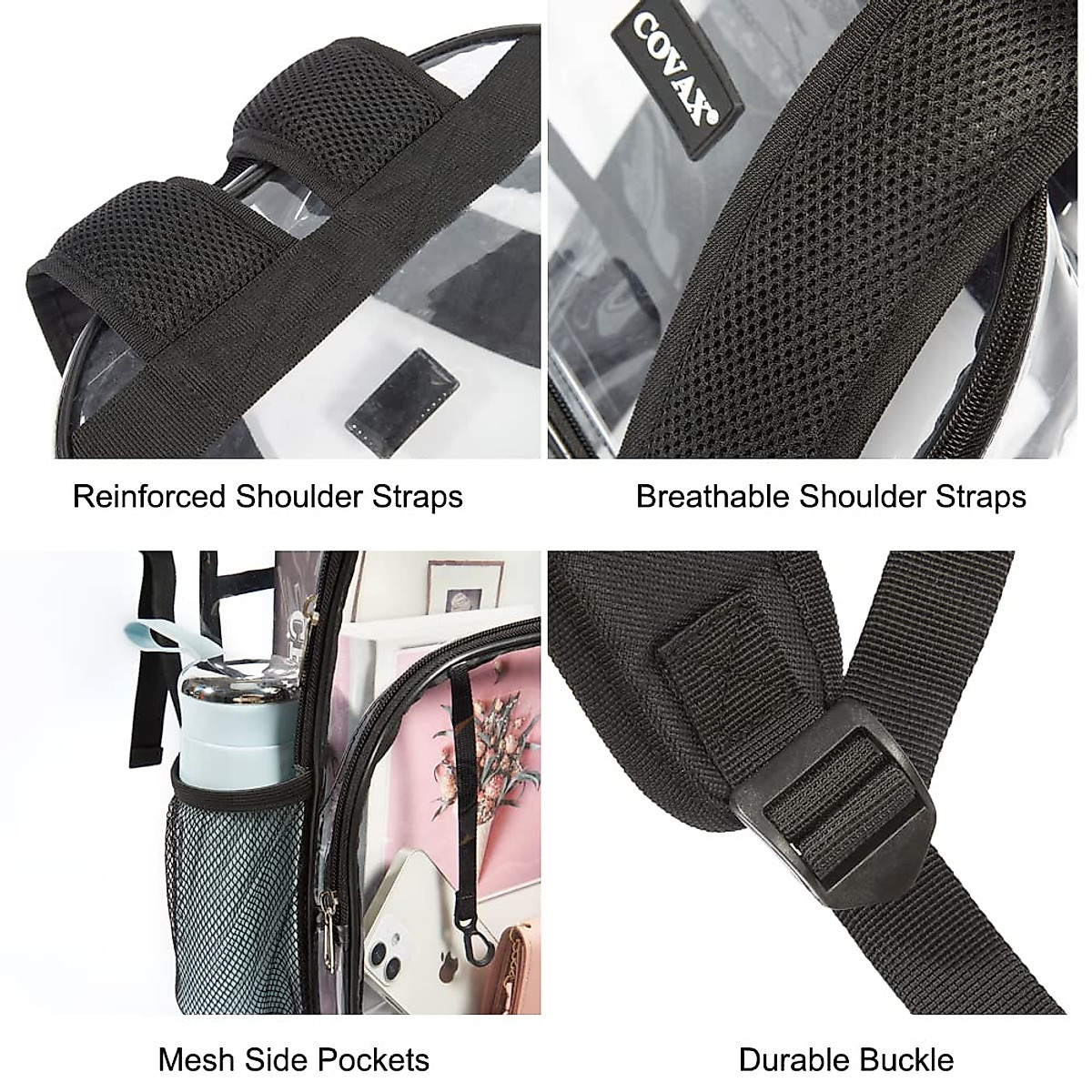 COVAX Clear Backpack, See Through Clear Bookbags, Water-resistant PVC Transparent Backpack for School, Work, Security, Sporting Events