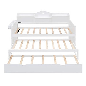 Linuque Twin Size Daybed with 2 Twin Trundles and Storage Shelf, Wooden Sofa Bed Frame with USB Charging Ports, No Box-Spring Needed, White