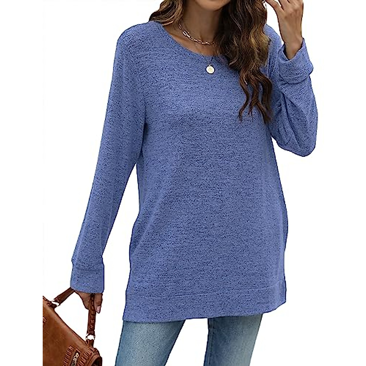 LERUCCI Women's Casual Loose Fall Sweatshirt Long Sleeve Crewneck Pullover Side Split Tunic Tops With Pockets Blue XL