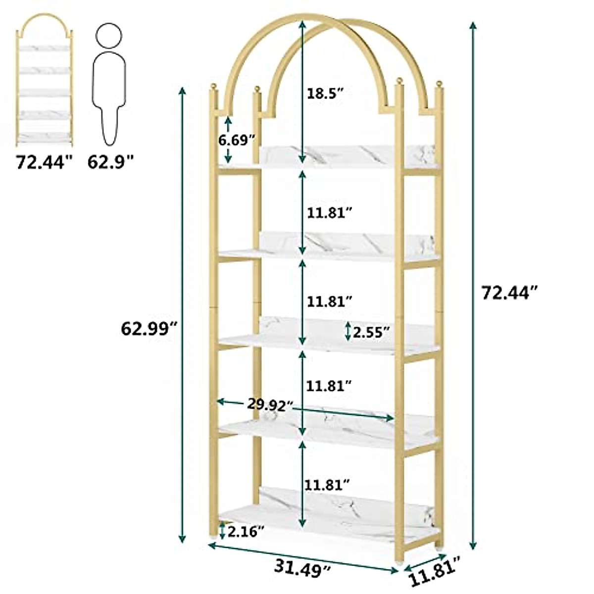 LITTLE TREE 72 inches Gold 5-Shelf Etagere Bookcase Bookshelf for Small Space