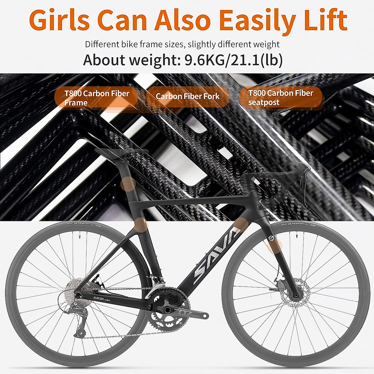 SAVADECK Carbon Disc Road Bike, Integrated Design Racing Bicycle Carbon Frame Carbon Fork with Shimano SORA R3000 Derailleur System 18 Speed Disc Brake Road Bike for Men or Women.(Black 54cm)