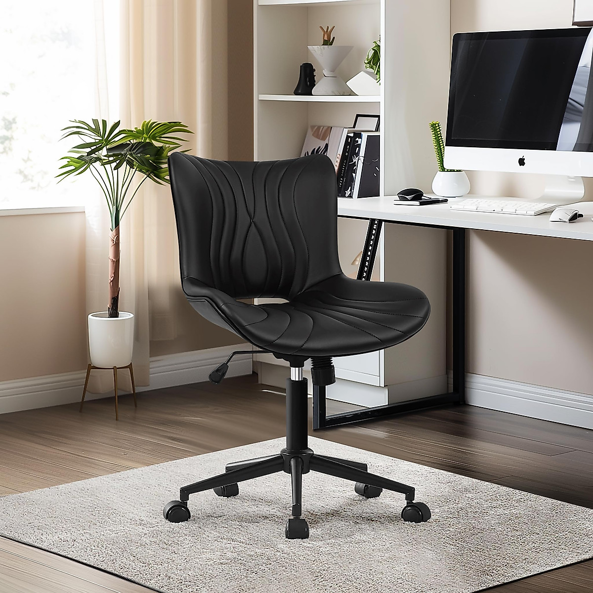 VATROS Office Chair, Armless Desk Chair with Wheels, Ergonomic Comfy Home Office Computer Task Chairs,Faux Leather Padded Cute Vanity Chair, Adjustable Height Swivel Rocking Chair with Back,Black