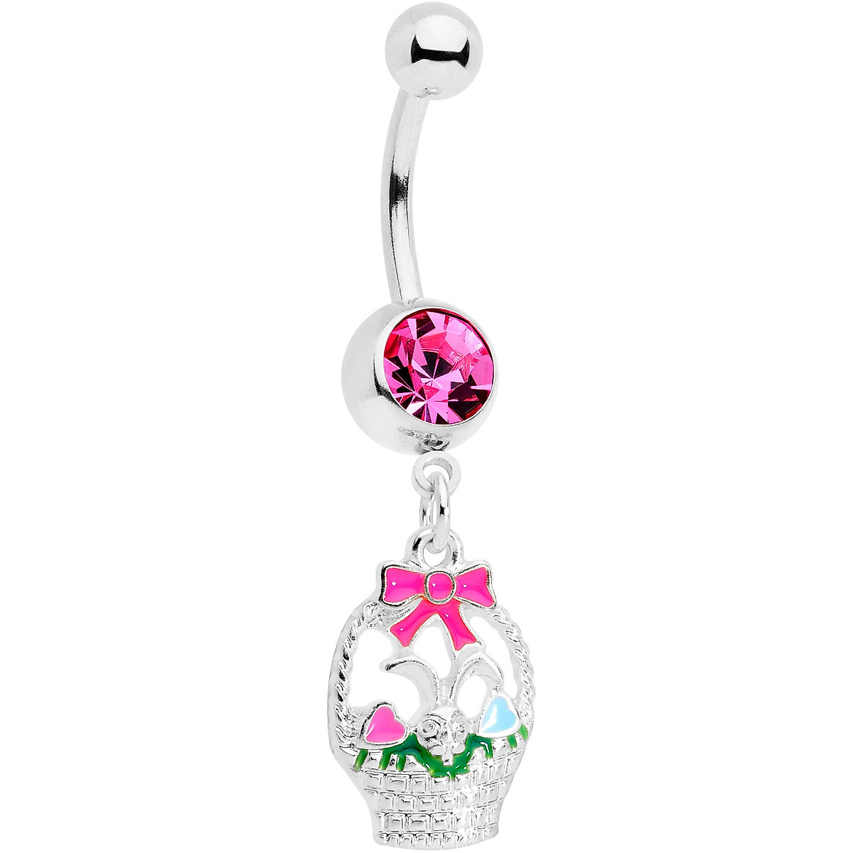 Body Candy Womens 14G Steel Navel Ring Piercing Pink Accent Basket Bunny Dangle Belly Button Ring
