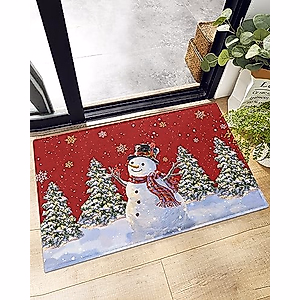 Yun Nist Christmas Snowman Bathroom Rug,Xmas Tree Red Soft Shag Rug Non Slip Doormat,Winter Snowflakes Absorbent Carpet Furry Cozy Floor Mat for Kitchen Bedroom Living Room 16x24in