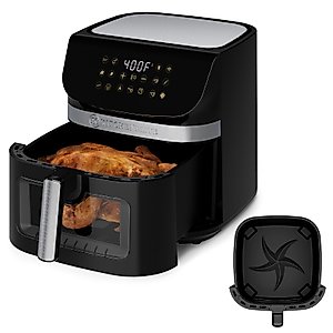 Kitchen Elite Air Fryer Oven with View Window, 9.5QT XL Large Airfryer Stainless Steel, 400°F Temp, 1min/Time Control, 9 1-Touch Cooking Presets, Nonstick, Automatic Light, Panel Tilt Friendly, 1700W