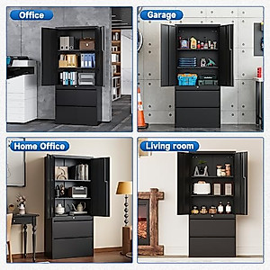 heycode File Cabinet with 2 Drawers - Metal Vertical Lateral Filing Storage Cabinet with Lock - Storage Cabinet with File Cabinet for Home Office Hanging Files Legal/Letter/A4 Size (Black, 2 Drawers)
