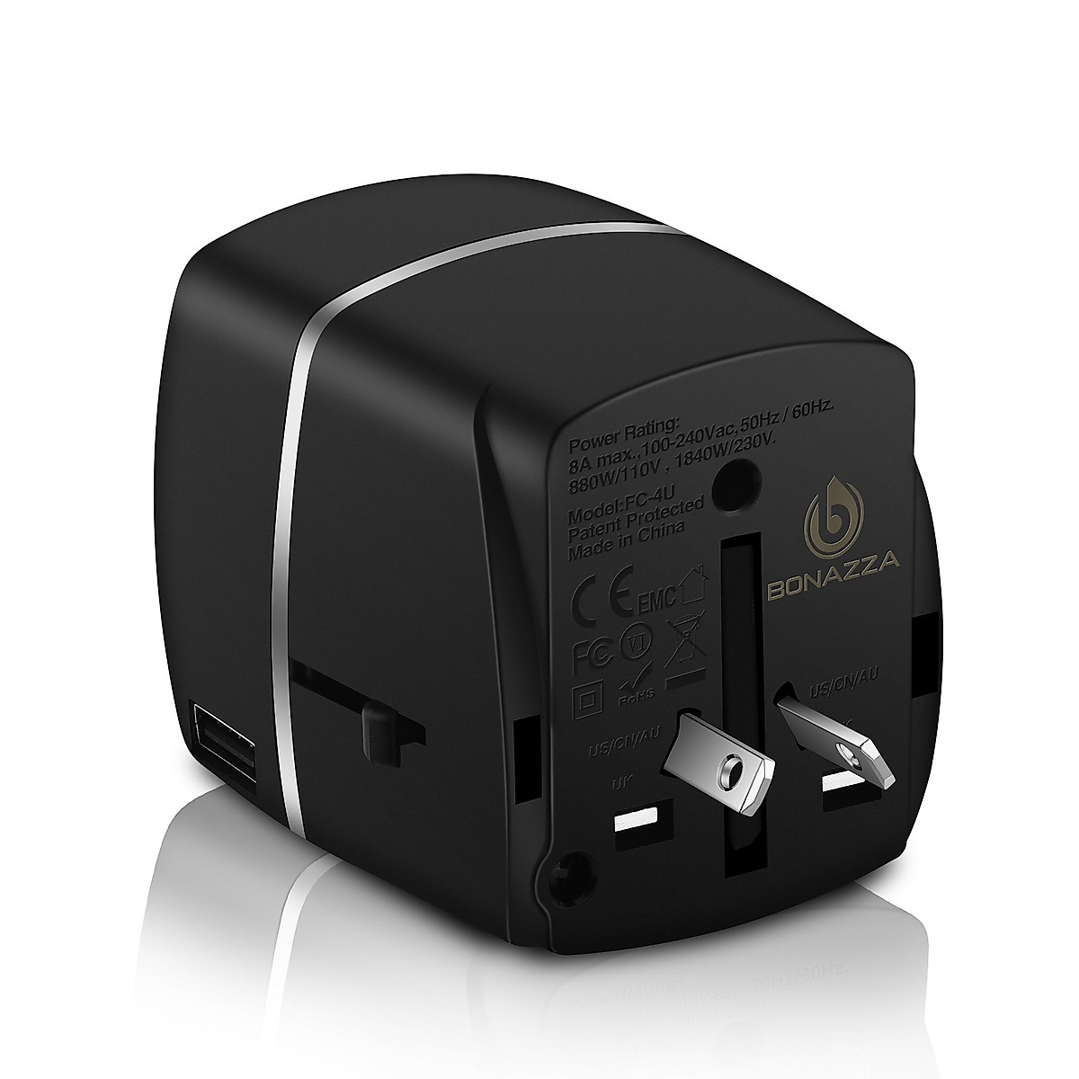 Bonazza Universal International Travel Adapter Kit with 4Amps 4 USB Ports - UK, US, AU, Europe All In One Plug Adapter - Over 150 Countries & USB Power Adapter for iPhone, Android, All USB Devices (FC-4U)