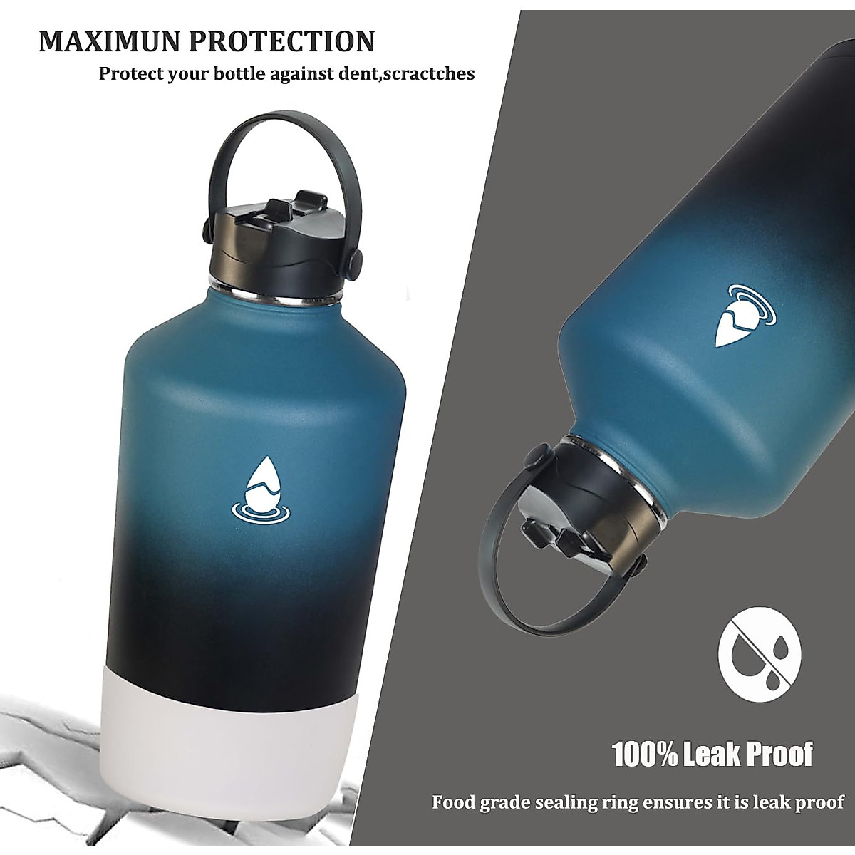 Half Gallon Insulated Water Jug - Insulated Stainless Steel Water Bottle, Straw & Chug Lid, 64oz Stainless Steel Large Water Bottle, Keep Hot 12H & Cold 48 for Travel Hiking Camping Work