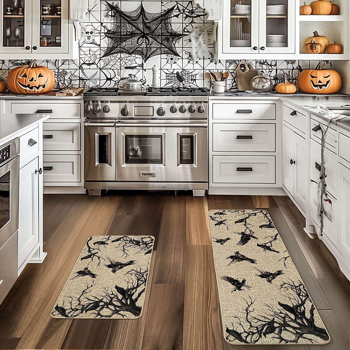 Artoid Mode Crows Tree Branches Halloween Kitchen Mats Set of 2, Home Decor Low-Profile Kitchen Rugs for Floor - 17x29 and 17x47 Inch