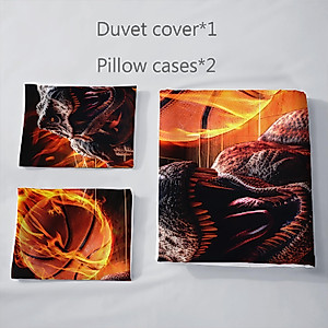 AILONEN 3D Basketball Duvet Cover Set Full Size, Fire Basketball Duvet Cover,3D Dragon Roar Bedding Set,Basketball Frames Comforter Cover,1 Quilt Cover and 2 Pillowcases,3 PCS