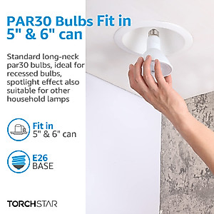 TORCHSTAR PAR30 Long Neck LED Bulb, CRI90+ Dimmable LED Spotlight Bulbs, 8W=75W, 3000K Warm White, UL & ES Listed, 800LM Super Bright, for Recessed Trim Lighting, Track Light, Pack of 6