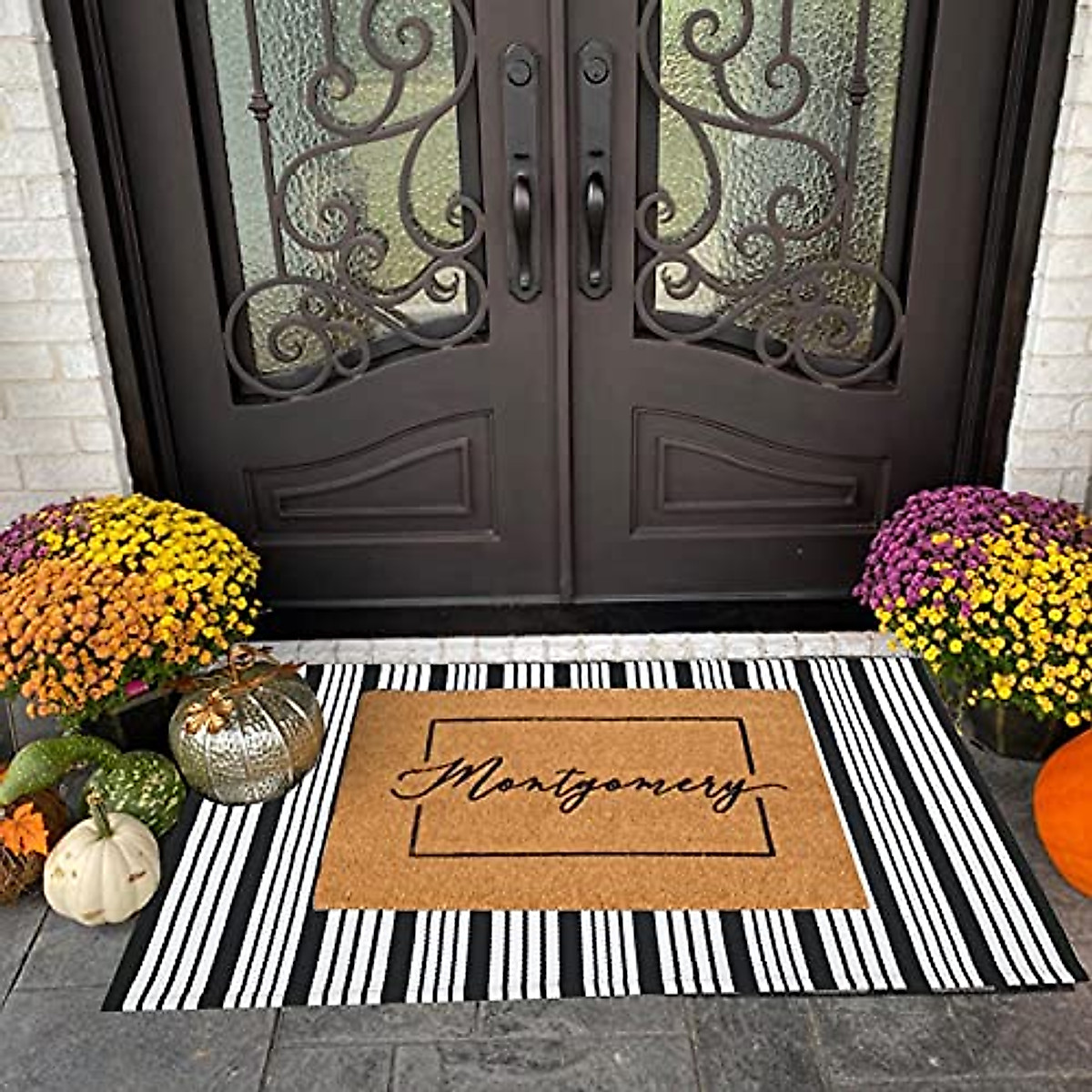 Black and White Striped Outdoor Rug Front Porch Rug 27.5"x43" Front Door Mat Cotton Hand-Woven Reversible Mats for Outdoor,Entryway,Laundry Room,Farmhouse,Kitchen (27.5"x43")