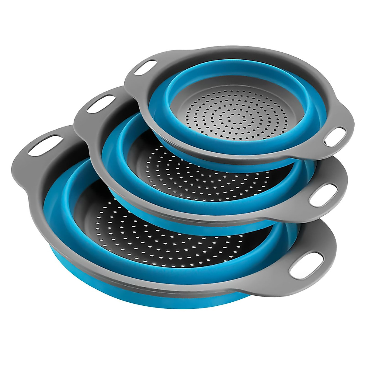3 Piece Collapsible Colander Set - Round Silicone in Kitchen Food Strainers Drainer Basket Blue for Draining Pasta Vegetables Fruits (Blue)