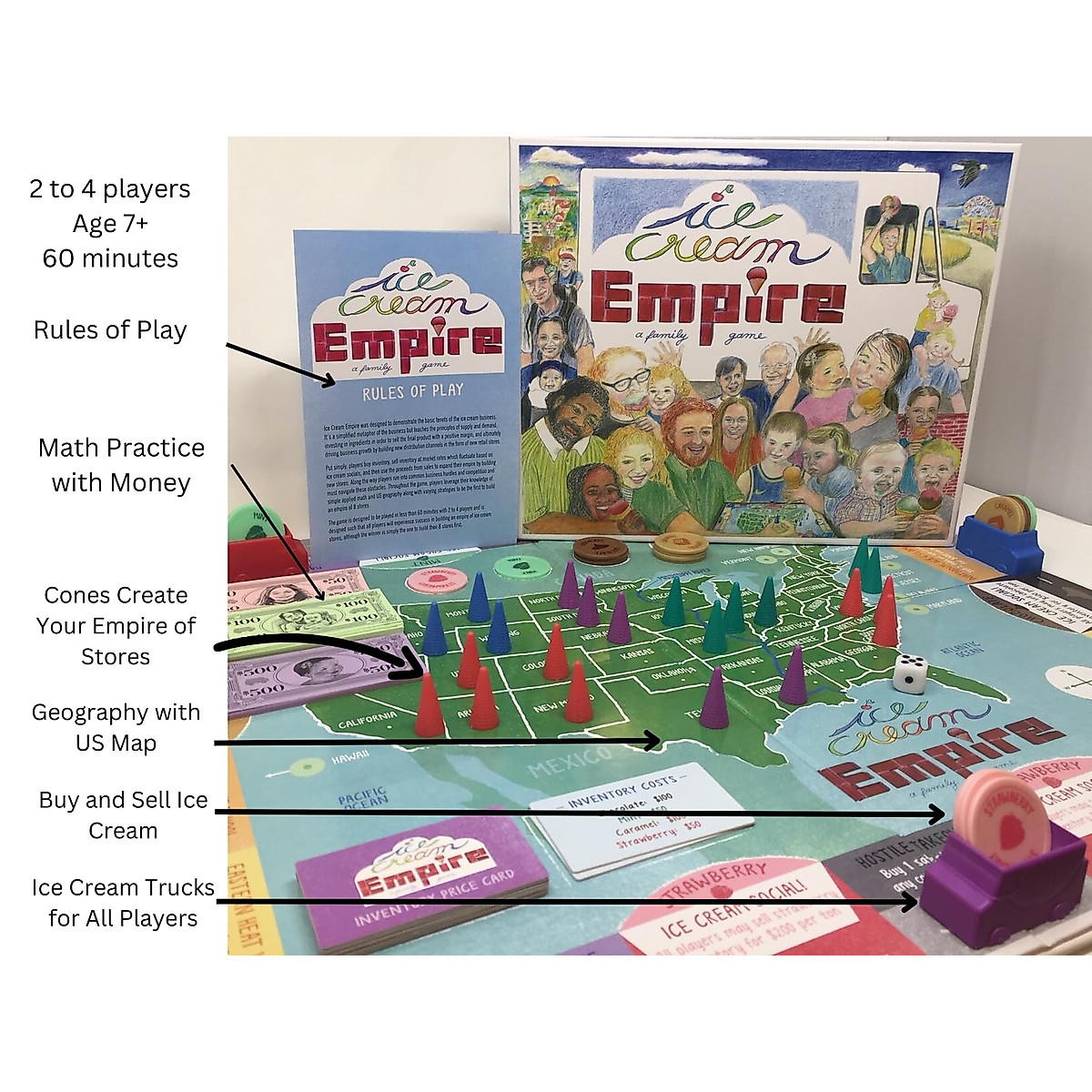 Ice Cream Empire Board Game | Fun Entrepreneurial Game for Families, Adults and Kids 7+ | Learn Business, Geography, and Math Skills | Competitive, Strategic, and Educational Game