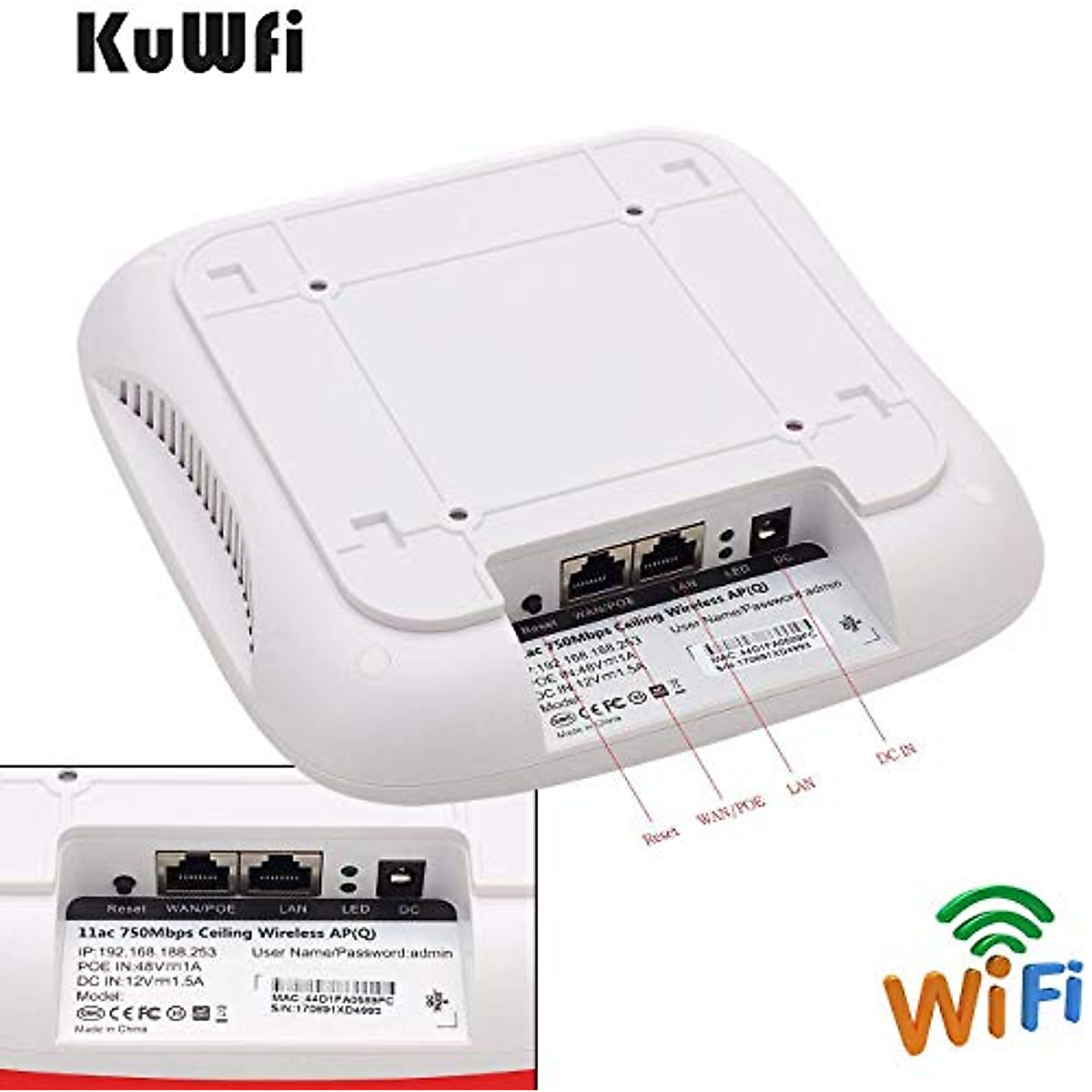 KuWFi Ceiling Mounted Wireless Access Point with Ethernet Port, Dual Band Wi-Fi AP Router with 48V POE Support Wall Mount for Wireless Coverage