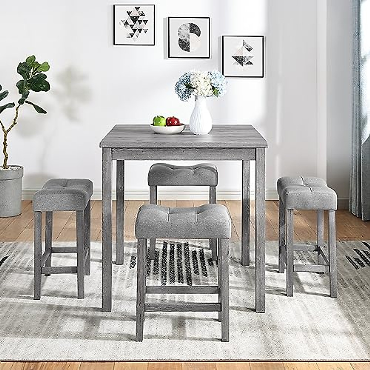 PEIHONGET 5-Piece Dining Table Set,Modern Bar Table and Chairs Set with Linen Fabric Cushions,Kitchen Breakfast Table Set with Solid Wood Legs, for Living Room, Dining Room,Game Room (Gray)