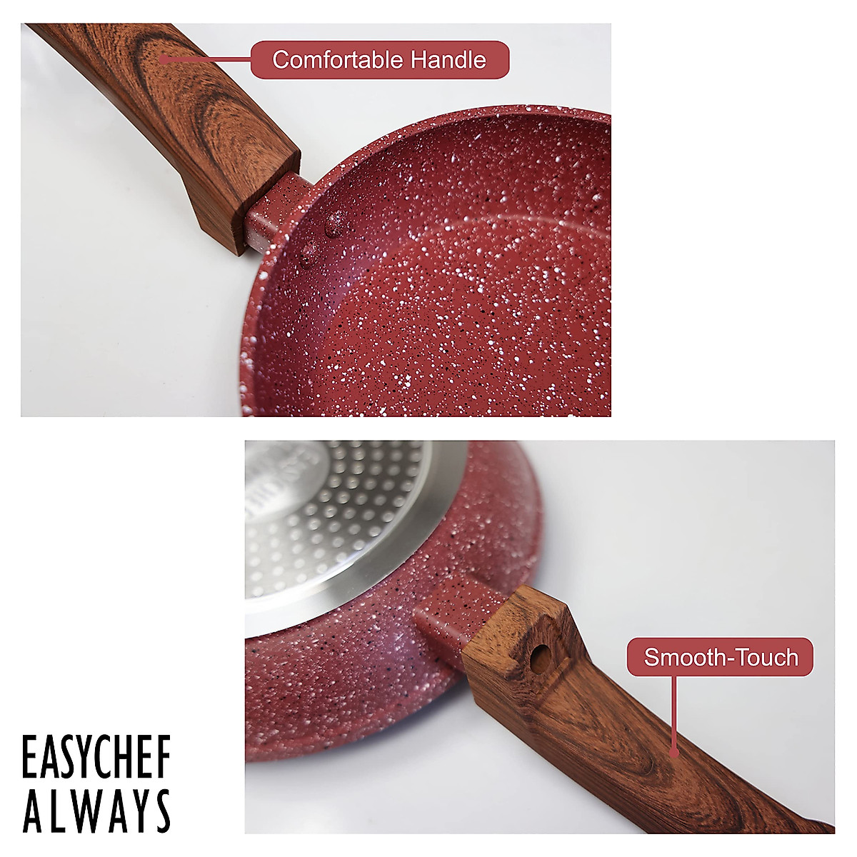 Easy chef always, Nonstick Frying Pan Skillet, 10inch, Non Stick Granite Red Coating, Egg Pan Fry Pan Omelet Pan Healthy Stone Cookware Chef’s Pan, PFOA Free, Induction Compatible