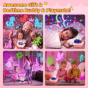One Fire Unicorns Gifts for Girls Night Light Projector, 6 Films Unicorn Bedroom Decor for Girls, Rechargeable Unicorn Night Light for Girls Bedroom Decor,360° Rotating Mermaid Princess Butterfly Lamp