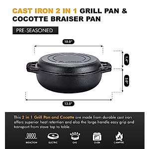 Bruntmor 2-in-1 Pre-Seasoned Cast Iron Dutch Oven with dual handles, Cocotte Double Braiser Pan with Grill Lid 3.3 Quarts - BBQ Grill, Fryer - Outdoor Cookware Set with Dual Handles, Camping,- Black