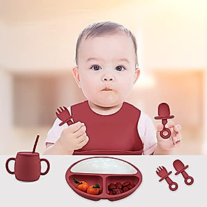 Baby Feeding Supplies - Led Weaning Silicone Baby Feeding Set, Baby Plates with Suction, Toddler Sippy Cups, First Stage Self Feeding Utensils Dishes Set with Bibs, Baby Spoons and Forks, 9 Pieces