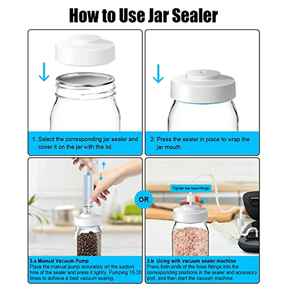 VICHYIE Jar Sealer for FoodSaver Vacuum Sealer, Jar Vacuum Sealing Kit with Accessory Hose and Portable Manual Vacuum Pump for Mason Jars with Wide and Regular Mouth